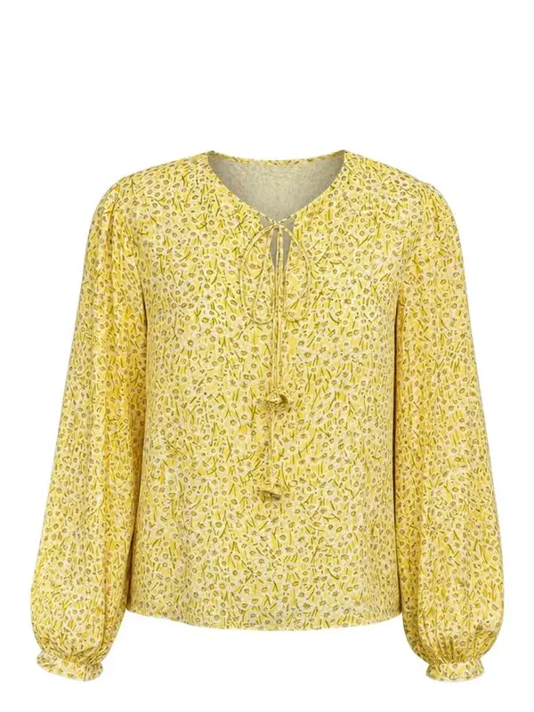 EXQUISE Florenz Crew Neck Tie Front Patterned Blouse Multi Color - Yellow