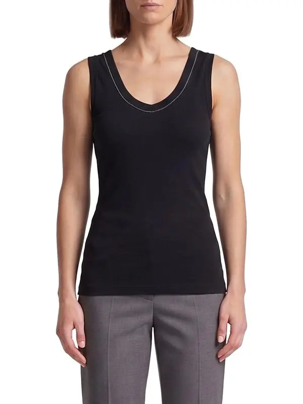 Brunello Cucinelli Slim Fit V-neck Stretch-cotton Top With Monili Detail - Black