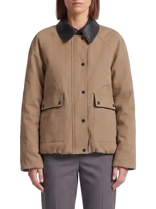 Brunello Cucinelli Lightweight Cotton Jacket With Leather Collar And Patch Pockets - Beige