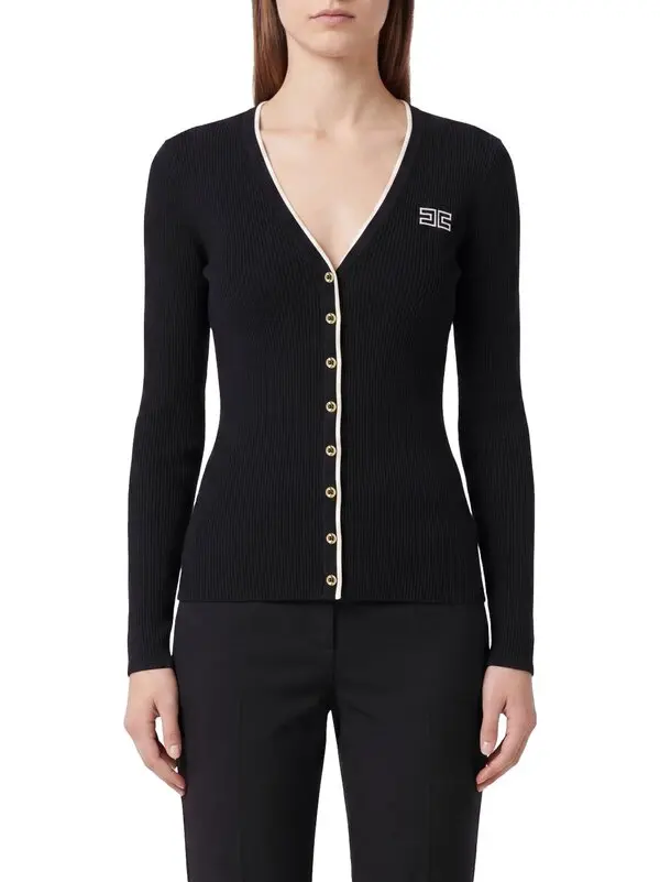 Elisabetta Franchi Slim Fit Wool Cardigan With Contrast Trim And Logo - Black