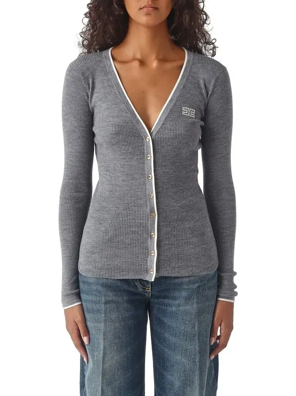 Elisabetta Franchi Slim Fit Wool Cardigan With Contrast Trim And Logo - Grey