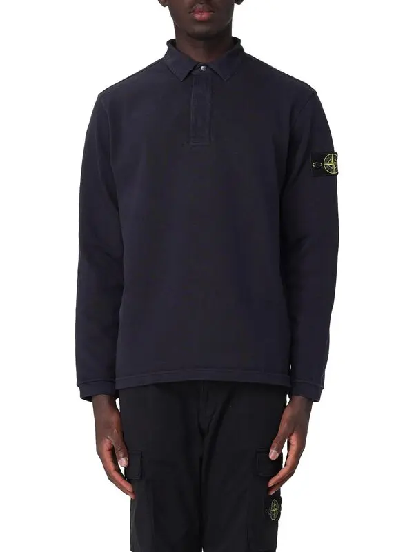 Stone Island Long-sleeved Cotton Jersey Polo Shirt With Compass Logo - Blue