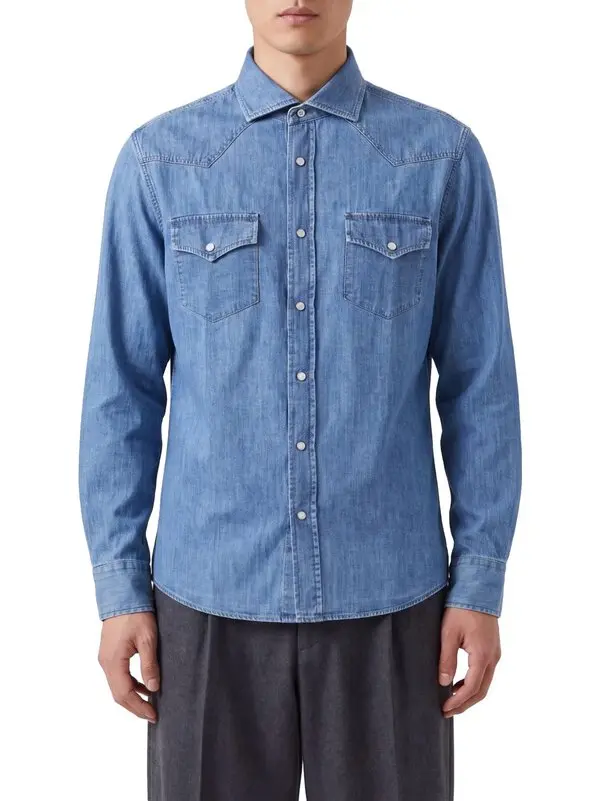 Brunello Cucinelli Casual Cotton Shirt With A French Collar - Denim