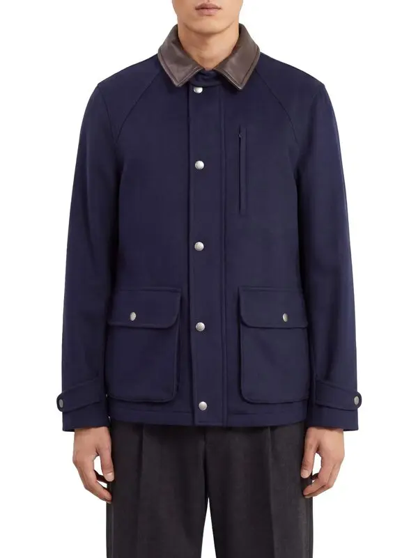 Brunello Cucinelli Single-breasted Short Virgin Wool Coat With Leather Collar - Navy