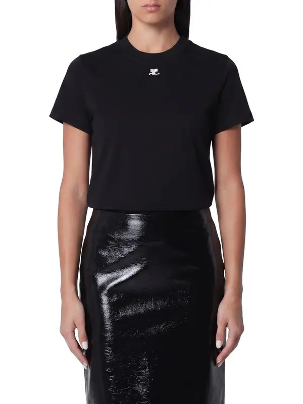 COURREGES Cotton Crewneck T-shirt With Contrasting Logo - Black