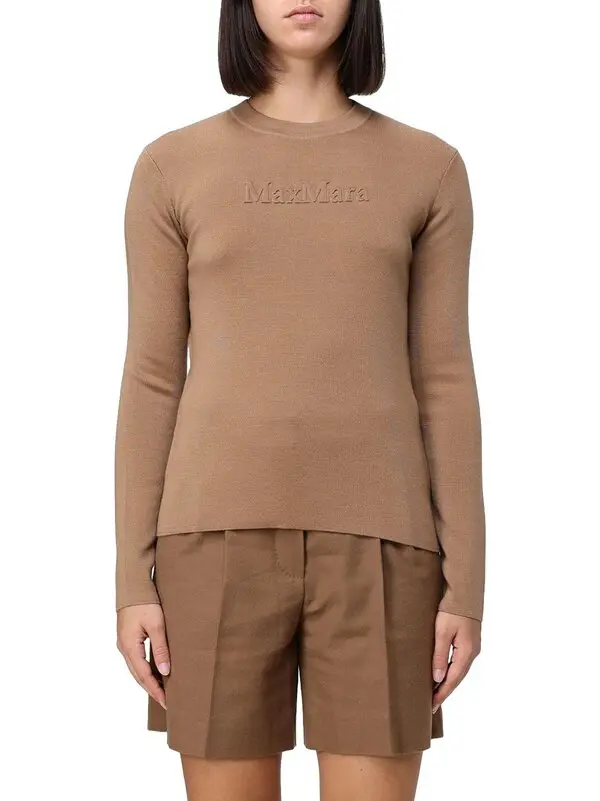 Max Mara Slim Fit Pure Virgin Wool Crewneck Jumper With Tonal Logo - Camel