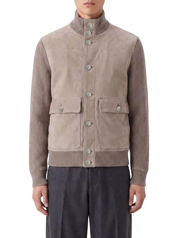 Brunello Cucinelli Suede Calfskin Bomber Jacket With Knit Details - Hazel