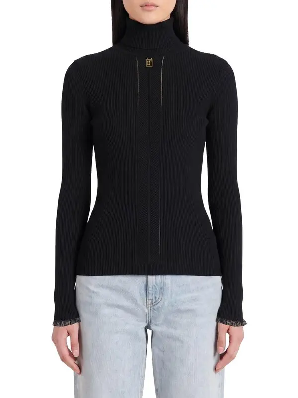 Elisabetta Franchi Slim Fit Ribbed Viscose Knit Polo Neck With Logo - Black