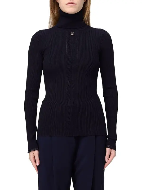 Elisabetta Franchi Slim Fit Ribbed Viscose Knit High Neck With Logo Detail - Blue