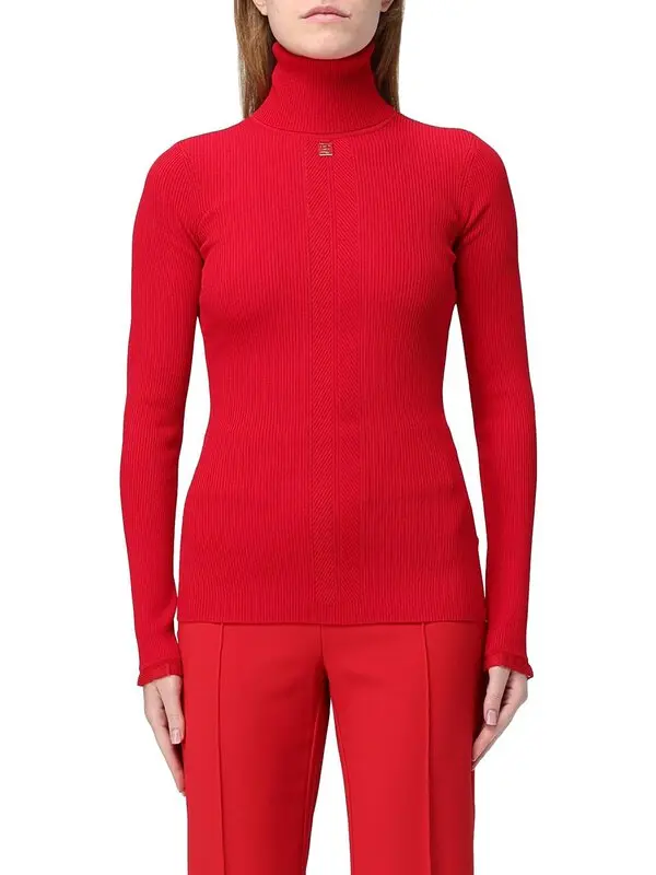 Elisabetta Franchi Slim Fit Ribbed Viscose Knit High Neck With Logo Detail - Red