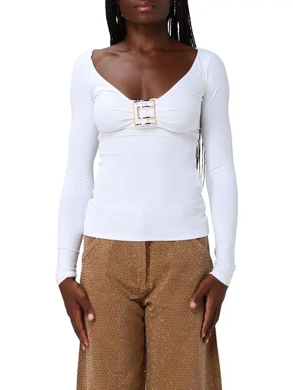 Elisabetta Franchi Long Sleeve V-neck Top With Metallic Detail - Ivory
