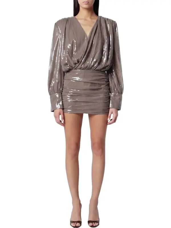 ROTATE BY BIRGER CHRISTENSEN Long-sleeved Sequin Mini Evening Dress In Recycled Polyester - Mud