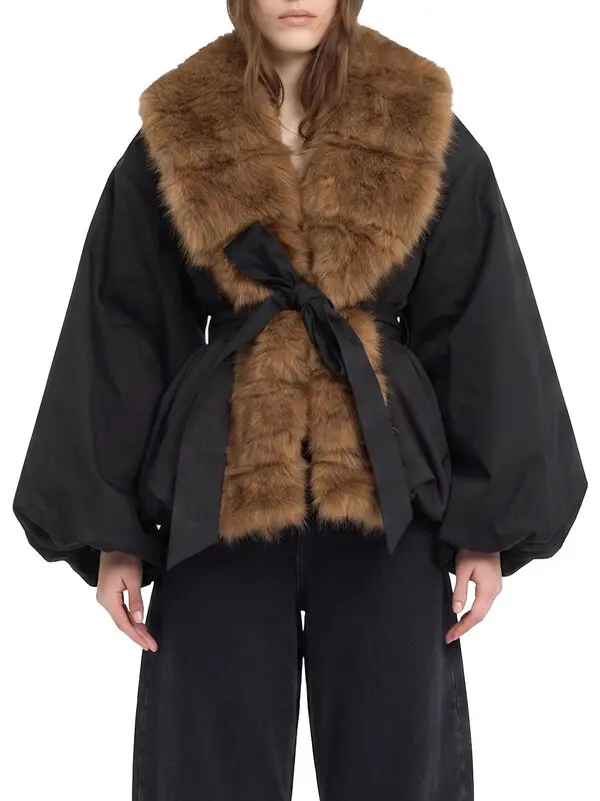 ROTATE BY BIRGER CHRISTENSEN Faux Fur Trimmed Belted Coat - Black