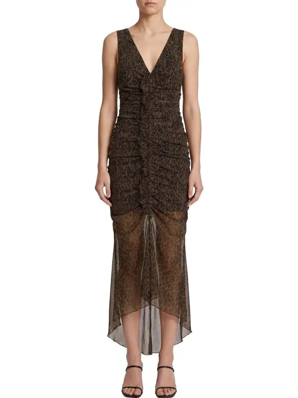 ROTATE BY BIRGER CHRISTENSEN Animalier Print Ruched Off-the-shoulder Midi Sheath Dress - Black