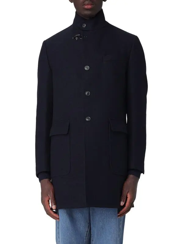 FAY Wool Short Coat With High Collar And Iconic Metal Hook - Denim