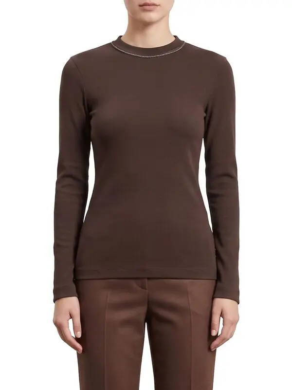Brunello Cucinelli Long-sleeved Cotton T-shirt With Monili Embroidery - Brown