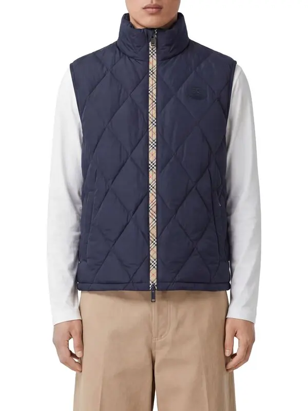 Burberry Quilted And Padded Nylon Gilet With High Neck And Zip Closure - Navy