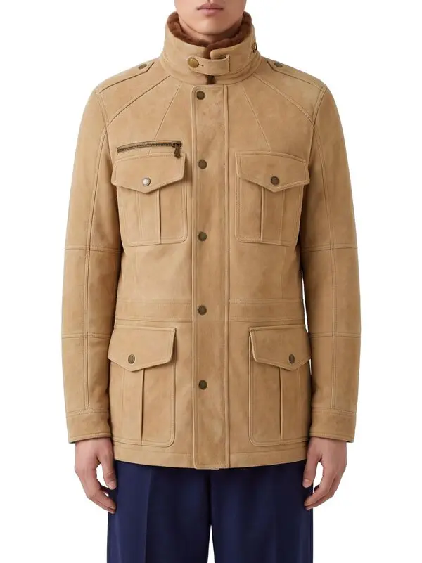 Brunello Cucinelli Shearling Utility Jacket With High Neck And Patch Pockets - Beige