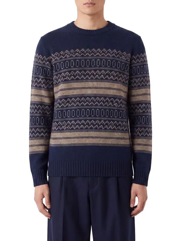 Brunello Cucinelli Jacquard Crewneck Sweater In Alpaca And Cashmere Blend - Blue
