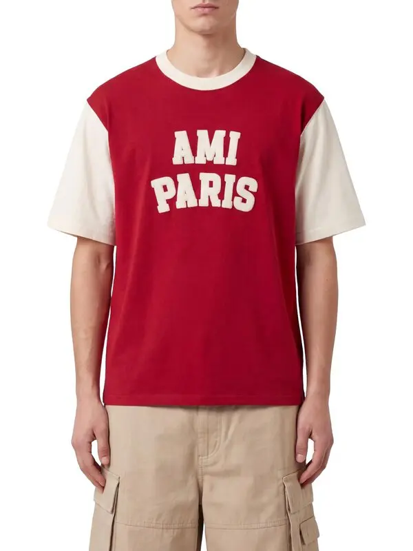AMI Paris Two-tone Logo Print Cotton T-shirt - Red