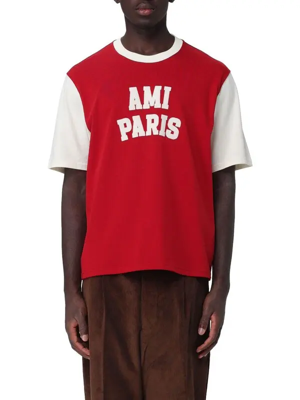 AMI Paris Two-tone Logo Print Cotton T-shirt - Ruby