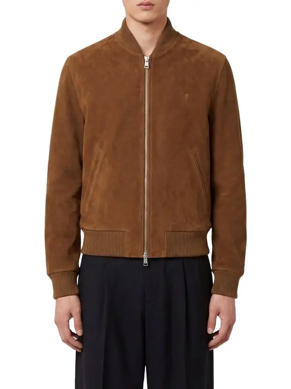 AMI Paris Relaxed Fit Suede Leather Bomber Jacket With Embroidered Logo - Brown