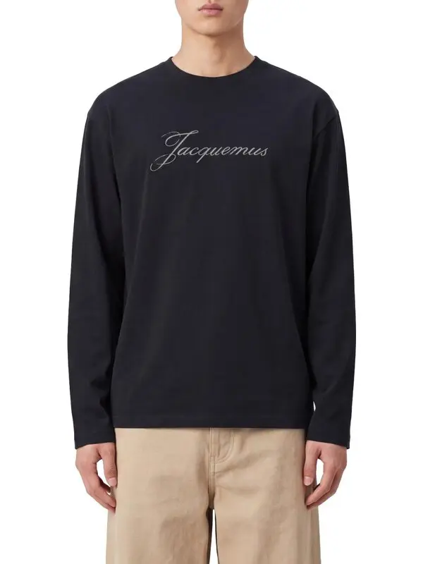 Jacquemus Long-sleeved Organic Cotton And Hemp T-shirt With Logo Print - Black