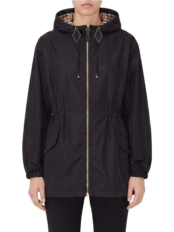 Burberry Cropped Hooded Nylon Windbreaker Jacket With Zip Fastening - Black
