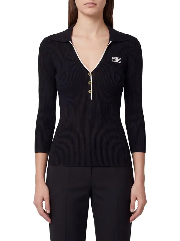 Elisabetta Franchi Slim Fit Long-sleeved Ribbed Knitted Polo Shirt - Black