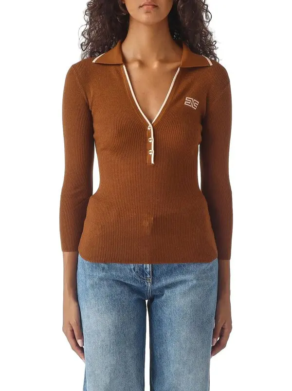 Elisabetta Franchi Slim Fit Ribbed Knit Long Sleeve Polo Shirt - Brown