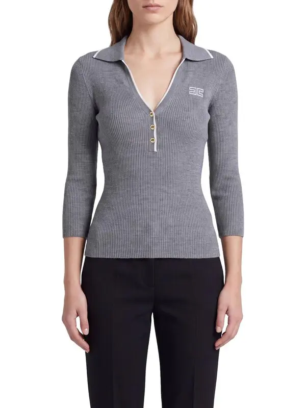 Elisabetta Franchi Slim Fit Long-sleeved Ribbed Knitted Polo Shirt - Grey