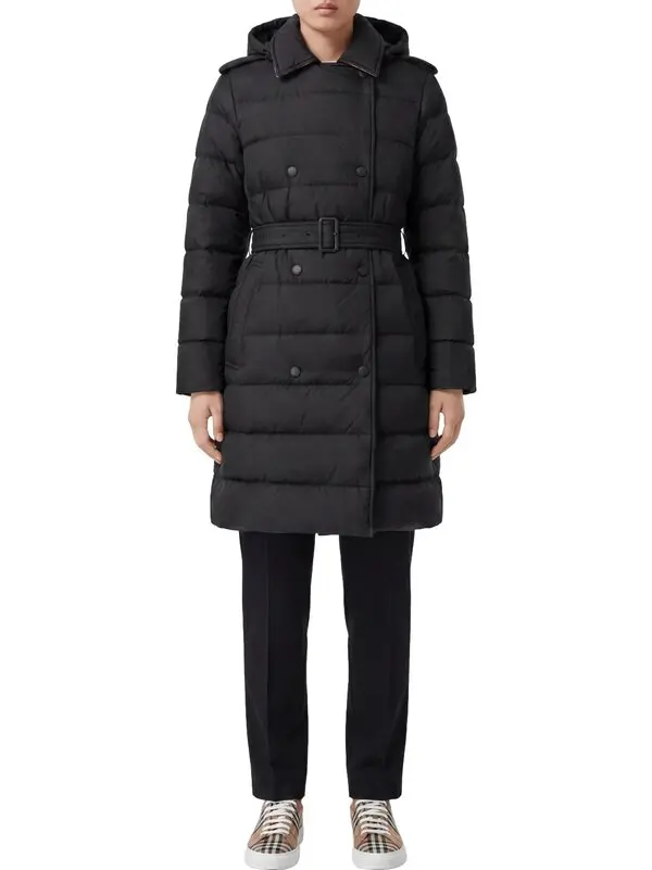 Burberry Double-breasted Quilted Nylon Puffer Coat With Hood And Belt - Black