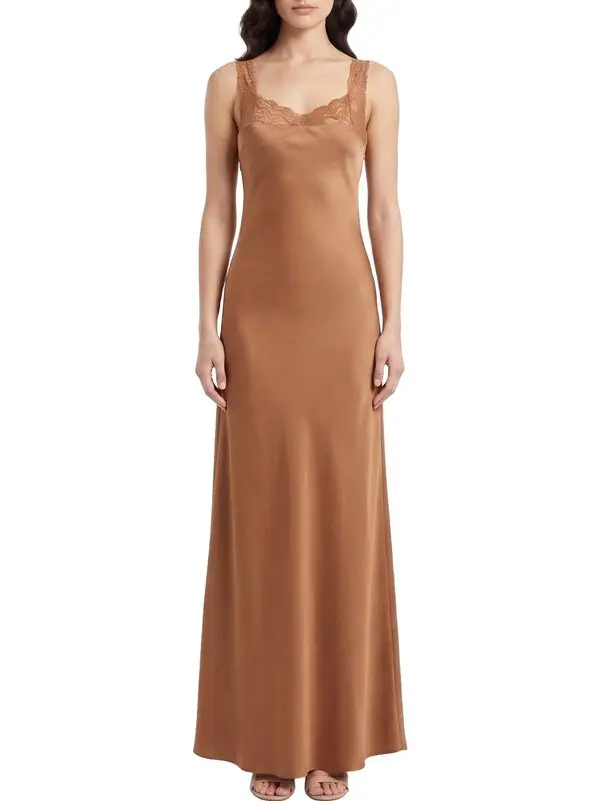 FORTE_FORTE Long Satin Slip Dress With Lace Inserts - Brick Red