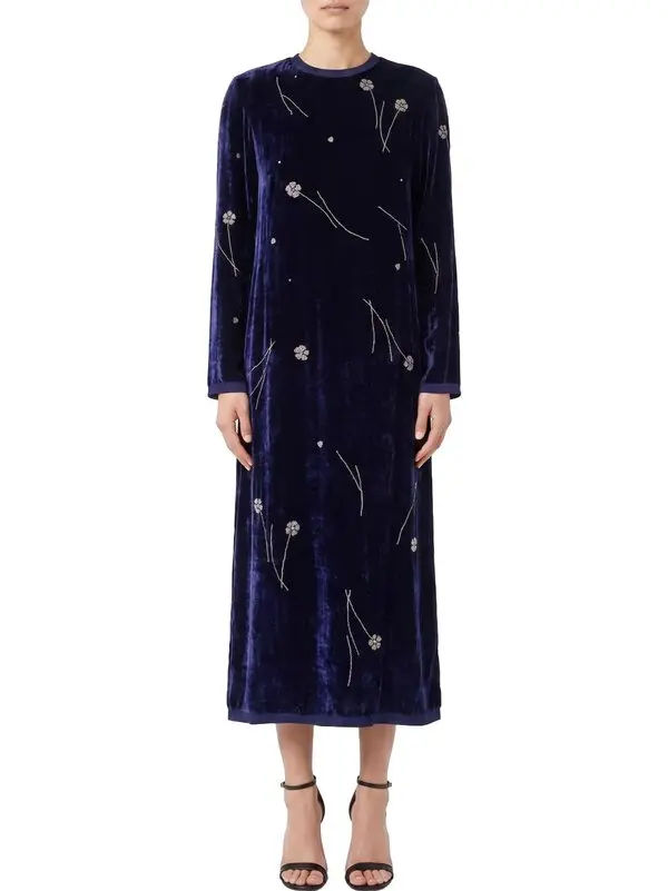 FORTE_FORTE Floral Embroidered Velvet Midi Tunic With Beads - Blue