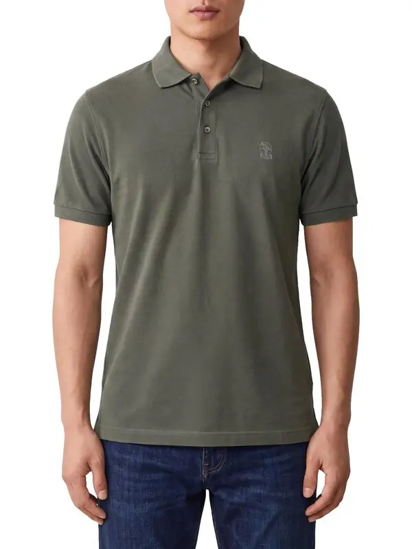 Brunello Cucinelli Short-sleeved Cotton Polo With Embroidered Logo - Grey