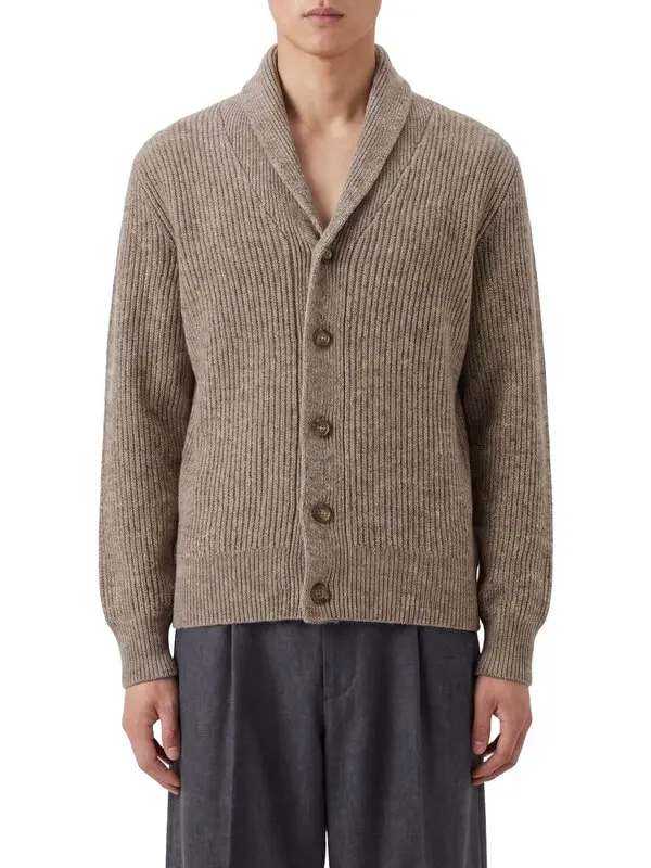 BROOKSFIELD Shawl Collar Ribbed Wool Cardigan With Buttons - Beige