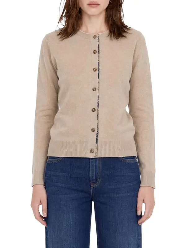 Barbour Crewneck Cardigan With Contrast Trim And Elbow Patches - Beige
