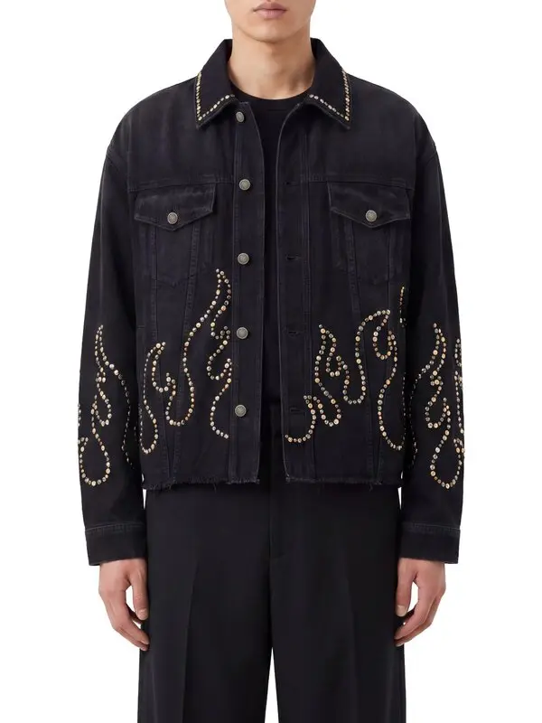 Amiri Flames Print Denim Jacket With Stud Application - Black