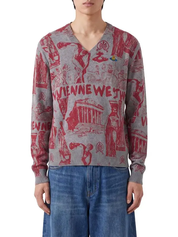 VIVIENNE WESTWOOD Abstract Cotton And Cashmere Blend V-neck Jumper - Grey