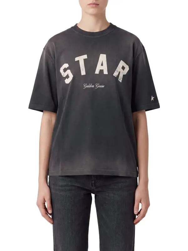 GOLDEN GOOSE Cotton Crewneck T-shirt With Contrast Logo And Dropped Shoulders - Black