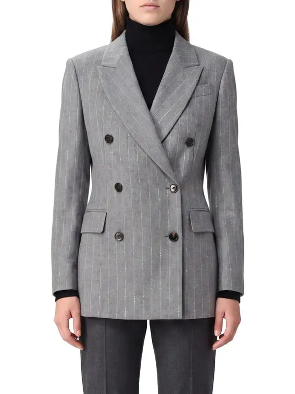 Brunello Cucinelli Pinstripe Wool Short Double-breasted Blazer With Sequins - Grey