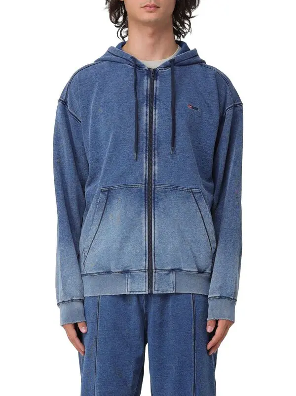 DIESEL® Relaxed Fit Hooded Zip-up Cotton Sweatshirt With Embroidered Logo - Blue