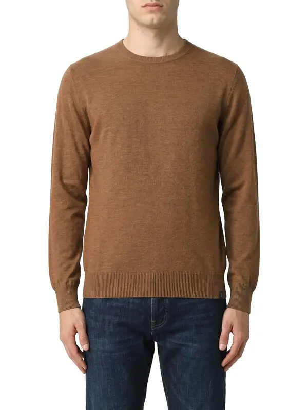 FAY Pure Merino Wool Crewneck Jumper With Ribbed Trims - Leather