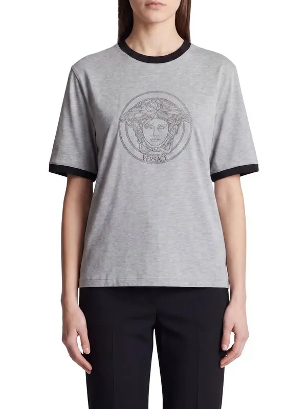 Versace Medusa Logo Print Cotton Crew-neck T-shirt - Grey