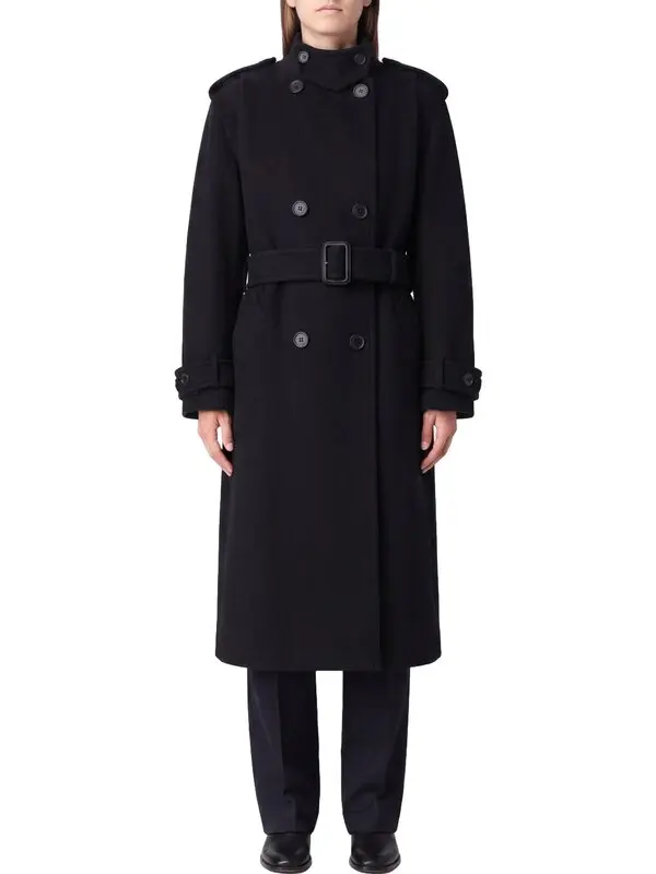 Chloé Long Double-breasted Virgin Wool Coat With Belt And High Neck - Black