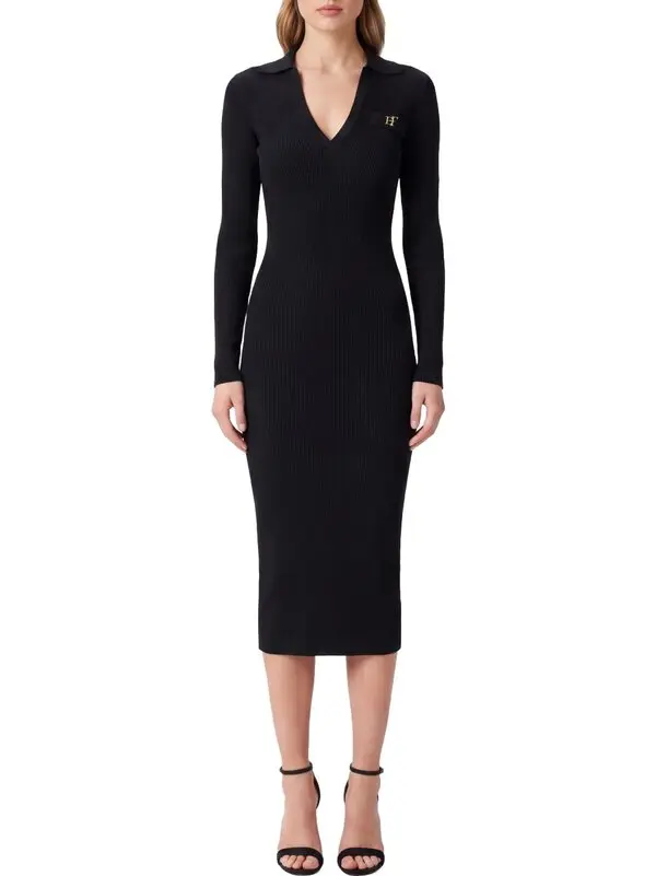 Elisabetta Franchi Ribbed Knit V-neck Midi Sheath Dress - Black