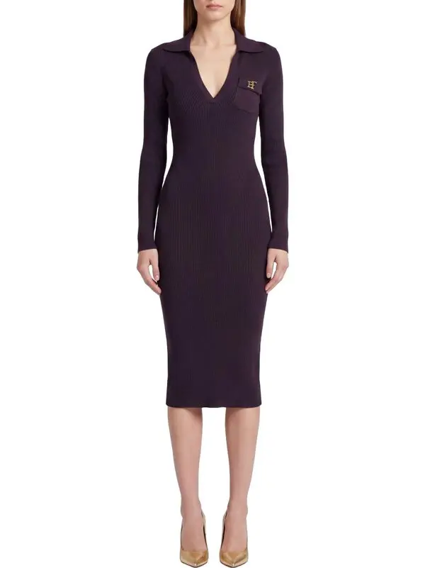 Elisabetta Franchi Ribbed-knit V-neck Midi Sheath Dress - Brown