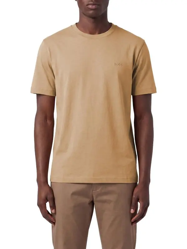BOSS Embroidered Logo Cotton Crewneck T-shirt - Beige