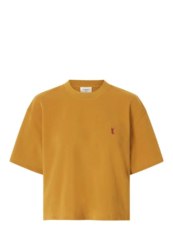 Saint Laurent Cassandre Embroidered Cotton-piqué T-shirt - Brown