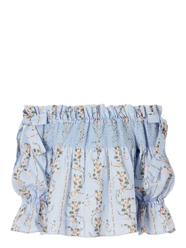 Agua Bendita Isla Navegante Printed Smocked Linen Blouse - Blue